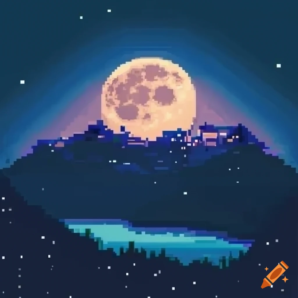 Mountain range at night under a full moon with illuminated city lights ...