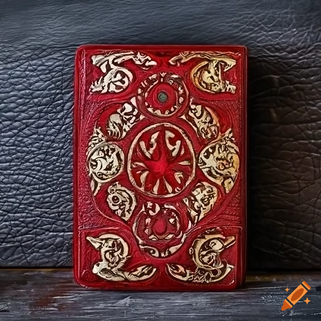 Decorated red leather tome with magical symbols and fictional creatures ...