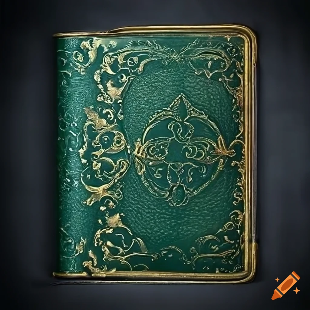 Deep green and black leather bound book with golden filigree, highly ...