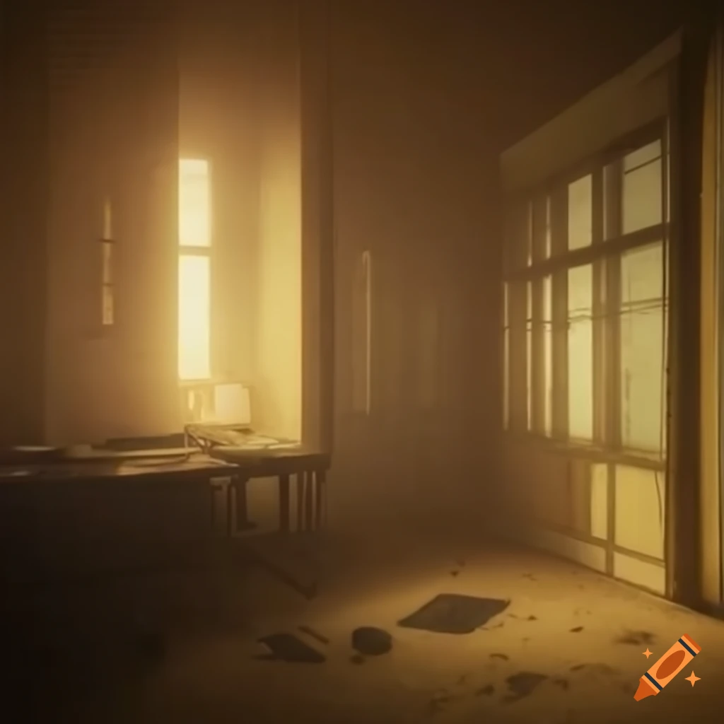 Endlessly long abandoned liminal office in golden fog on Craiyon