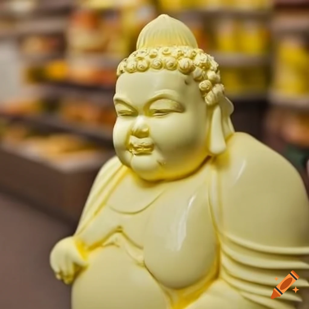 Butter statue of a sitting buddha in a grocery store on Craiyon