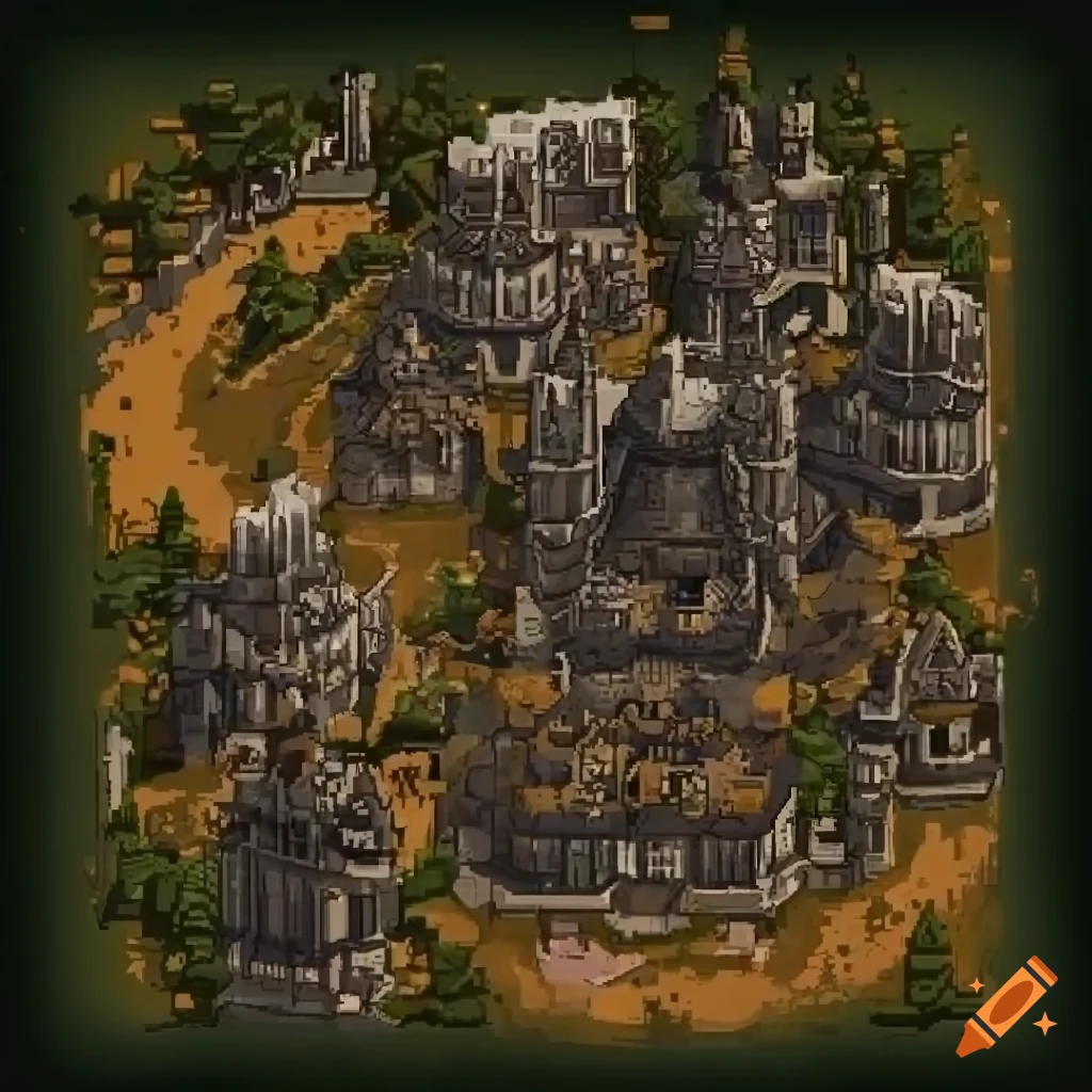 Aerial view of a rich fantasy medieval city in pixel art on Craiyon