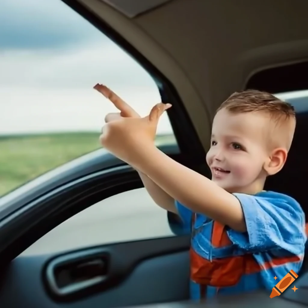 Happy boy pointing out of car window on Craiyon