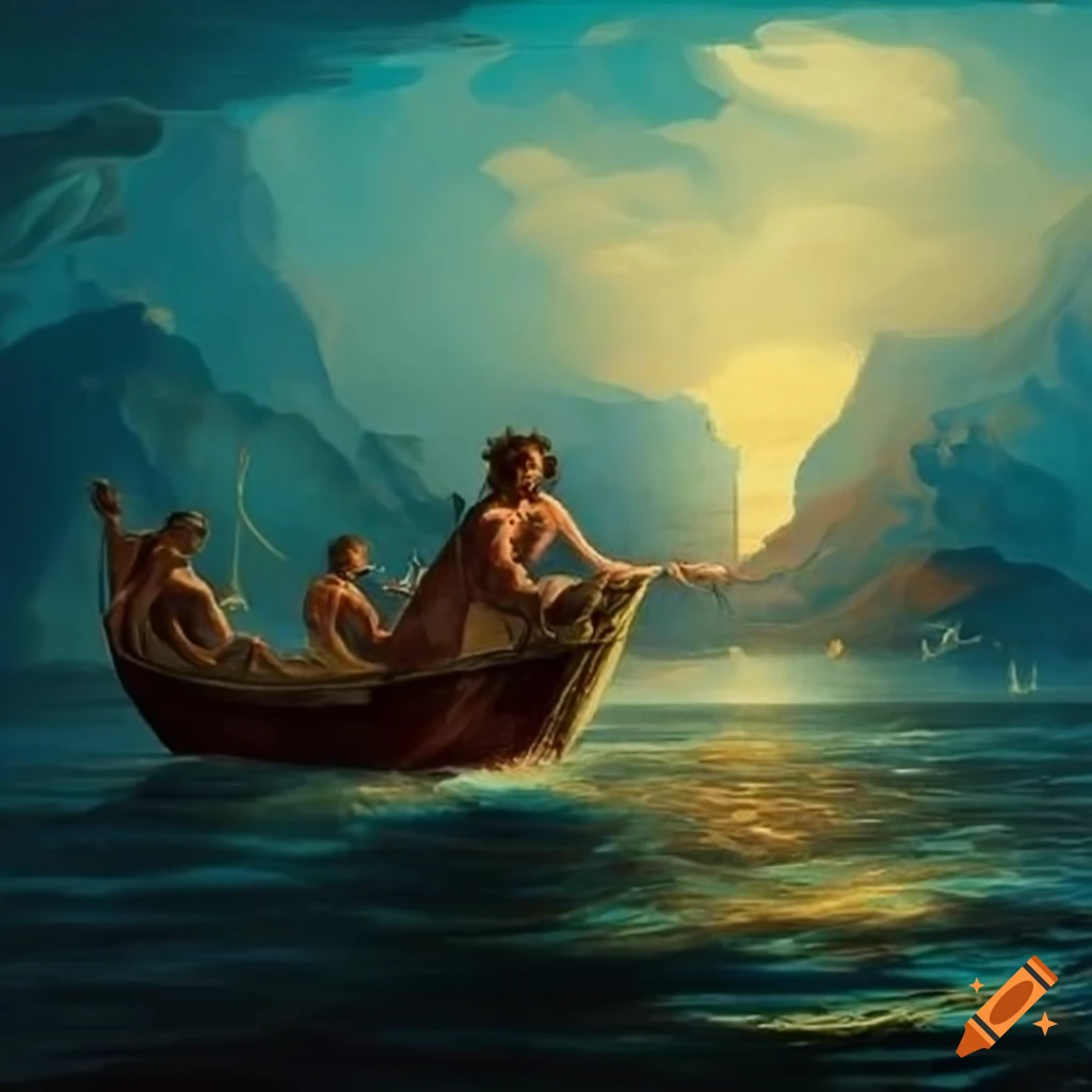 Ulysses on his boat with mythical characters in the distance on Craiyon