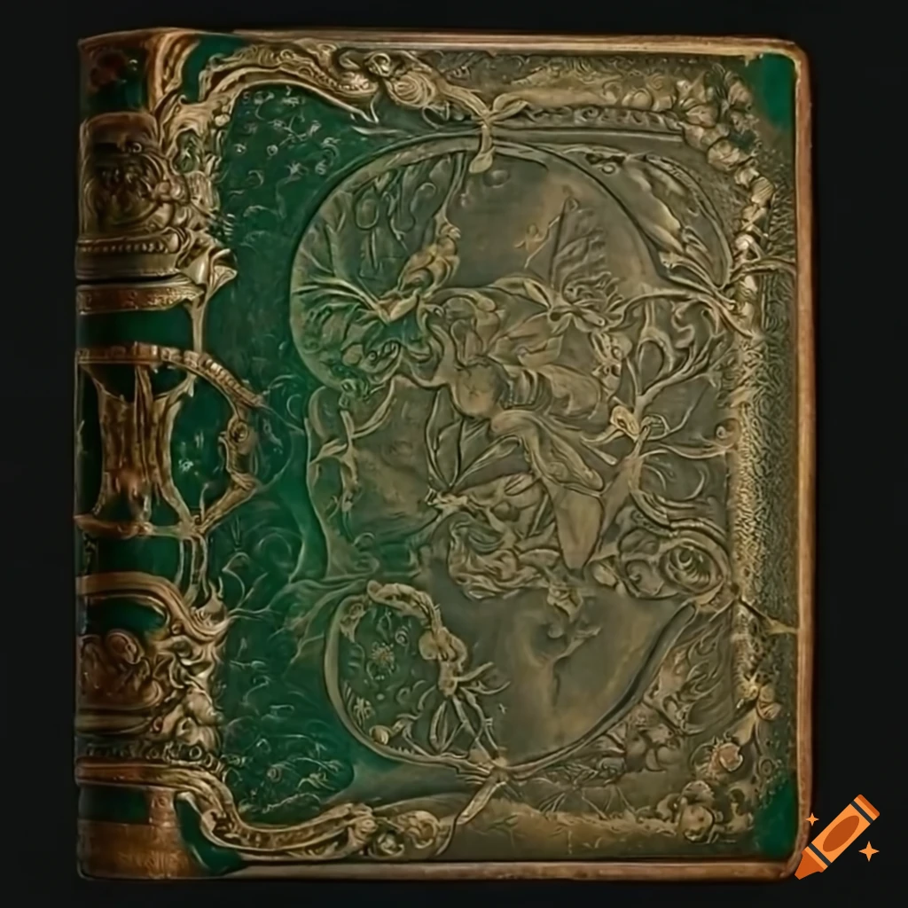 Intricately detailed vintage green leather magical book on Craiyon