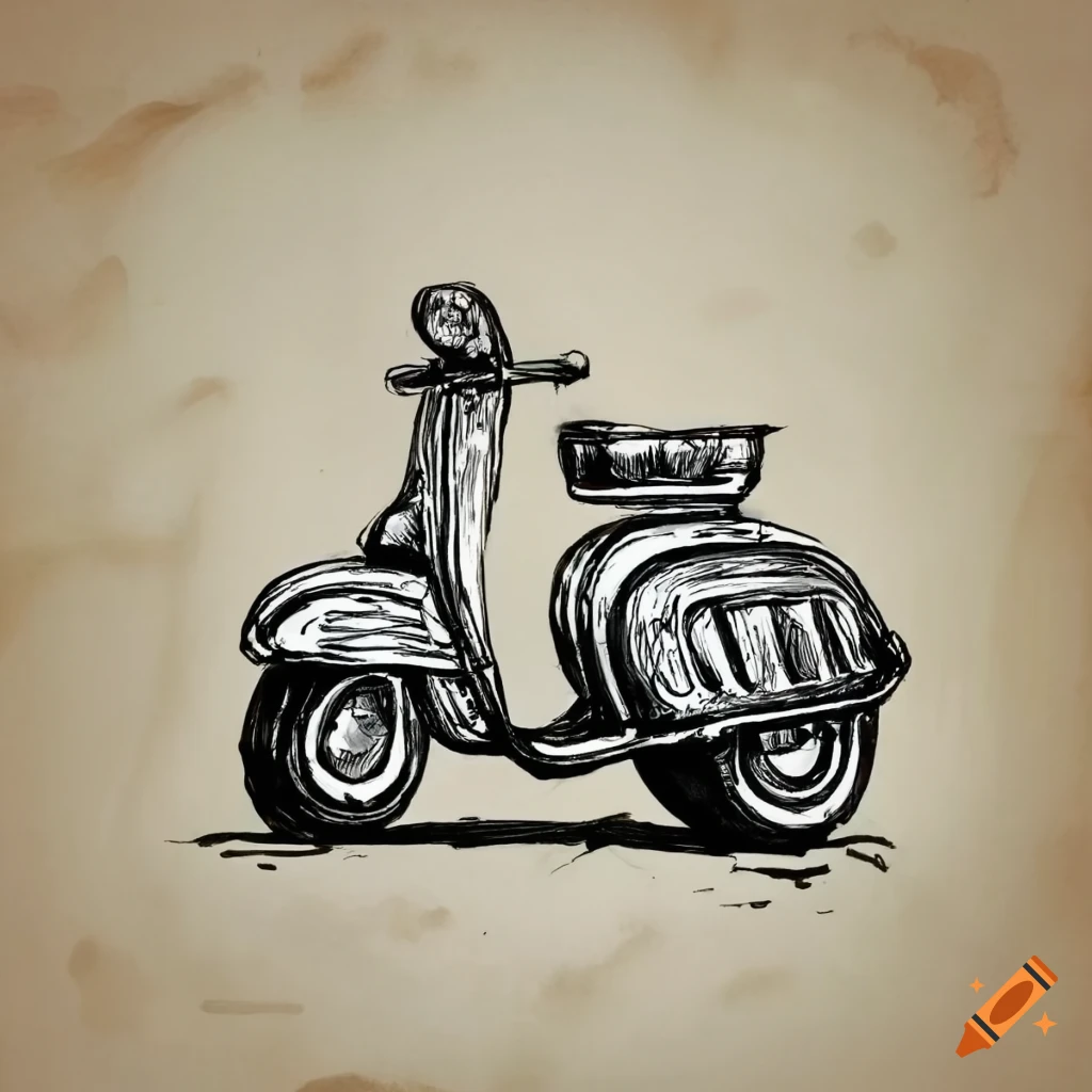 Cartoon ink drawing of a lambretta scooter on ancient paper on Craiyon