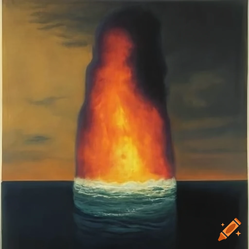 Rene magritte's artwork depicting fire in the sea on Craiyon