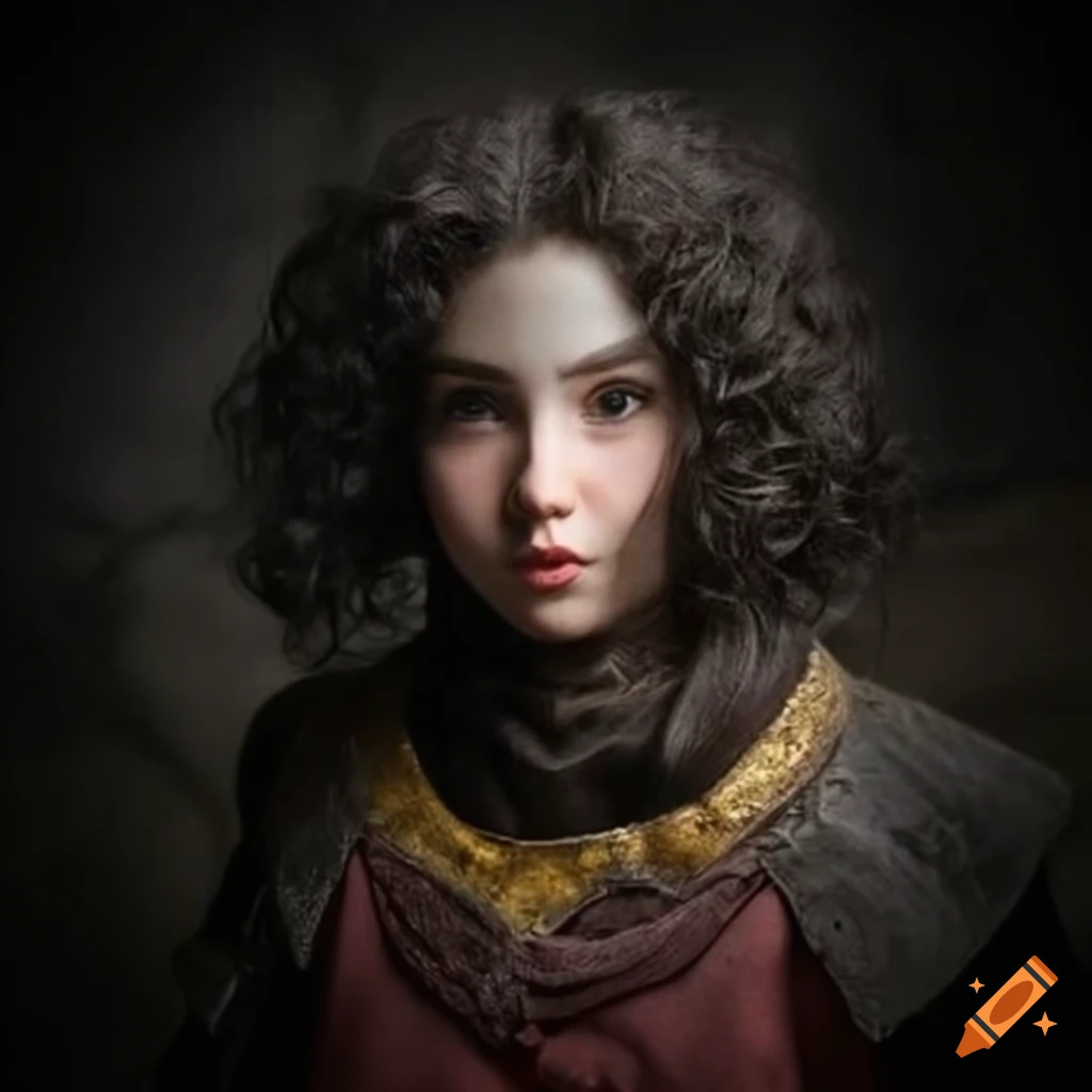 Pudgy female hobbit knight with short curly black hair on Craiyon