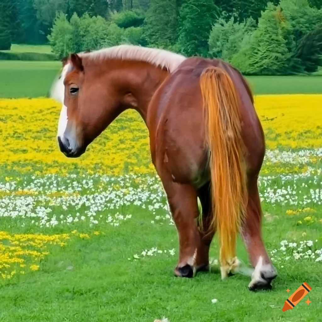 Rear view of a large belgium draft horse in a green meadow with flowers ...