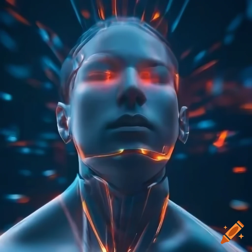 Futuristic glass male cyborg with glowing led lights and abstract ...