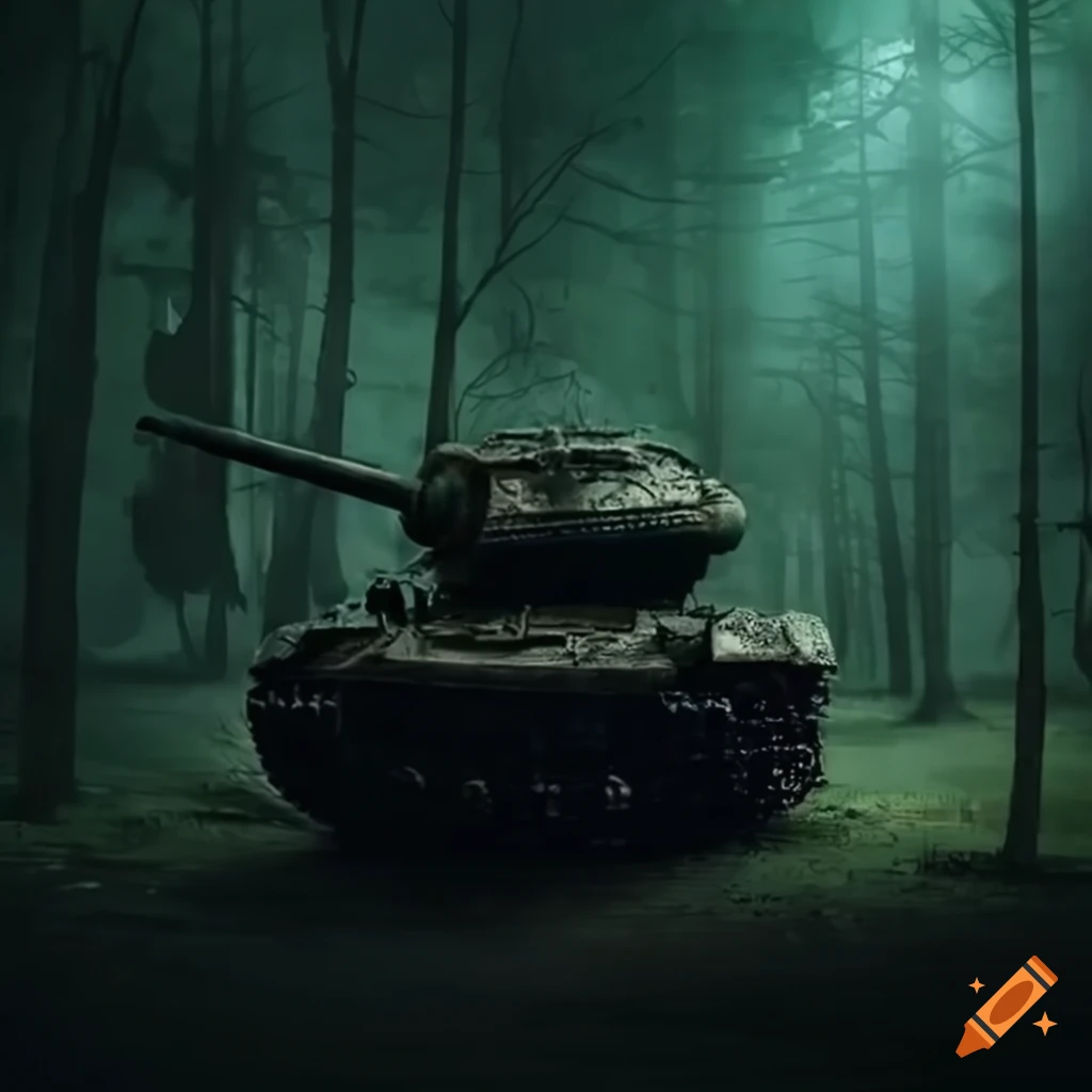 Ancient tank in a spooky forest surrounded by ghosts on Craiyon