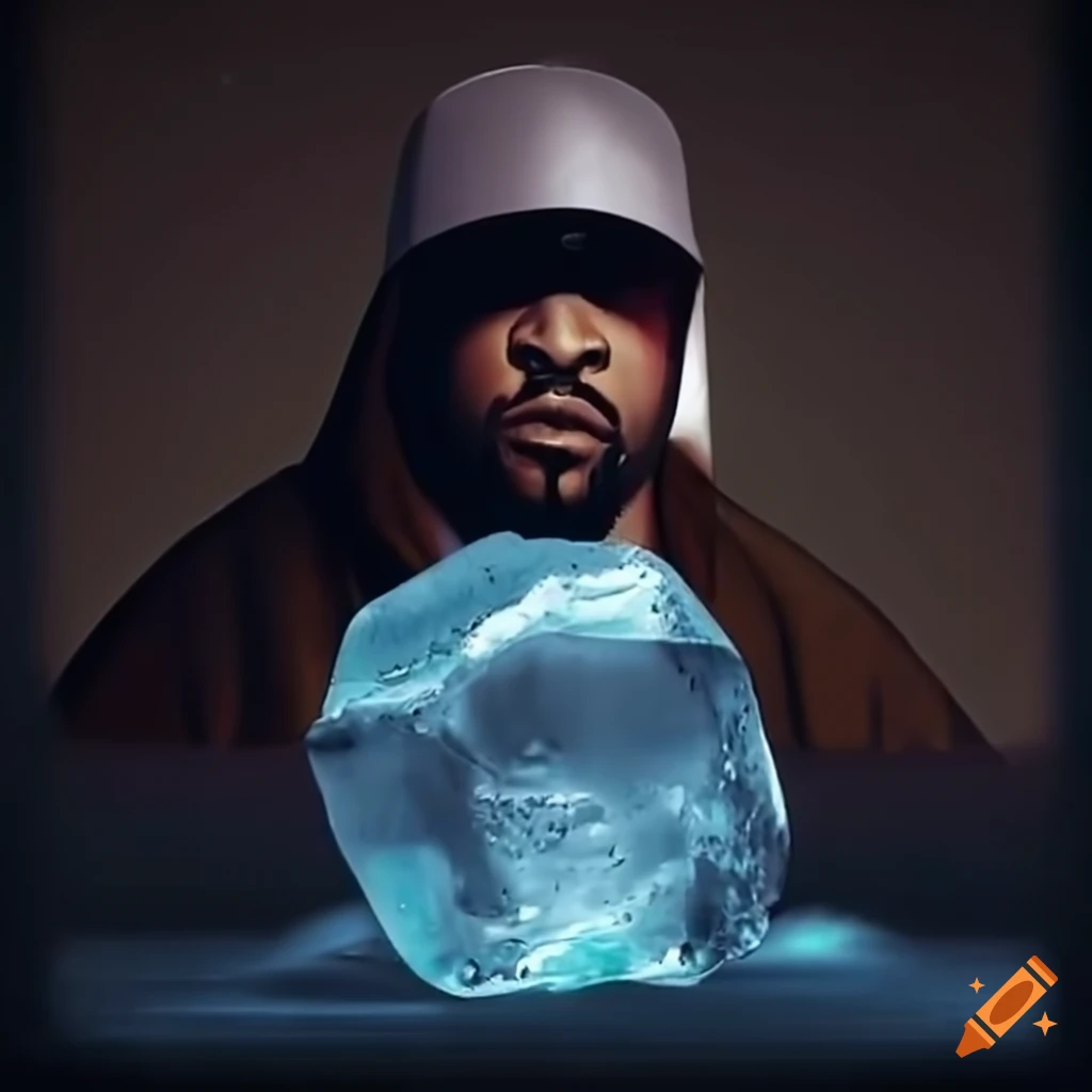 Ice Cube in recording studio with a melting ice cube on Craiyon