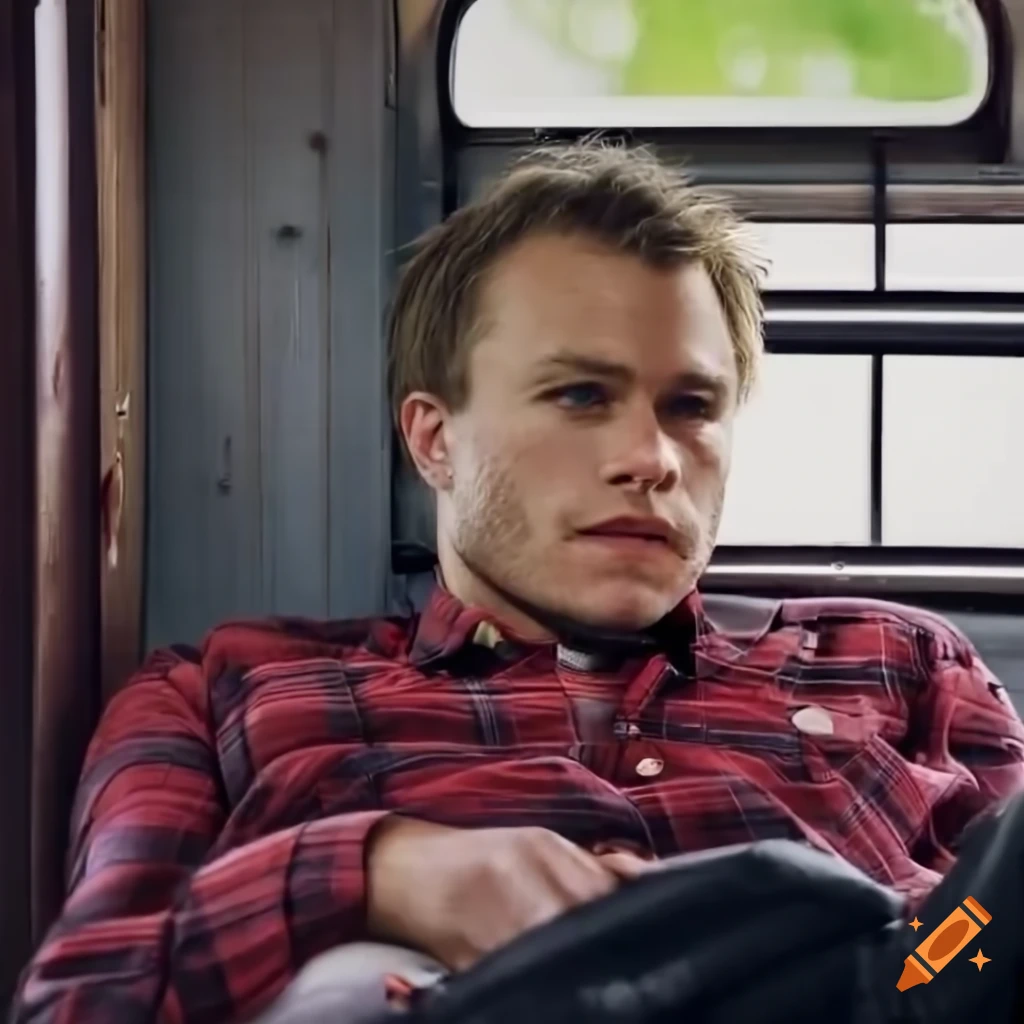 Close-up of young man in red plaid shirt and black leather trousers looking through window in ...
