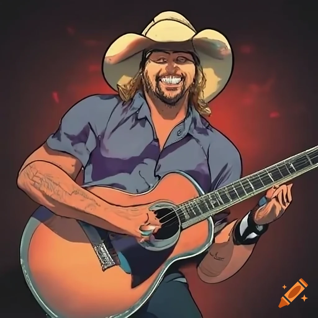 Toby keith playing guitar on stage surrounded by fans on Craiyon