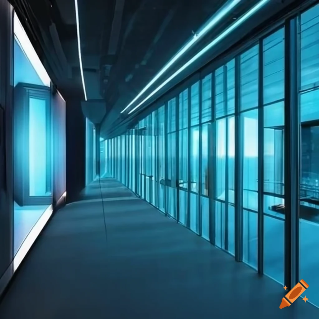 Modern office building interior with integrated technology nodes on Craiyon