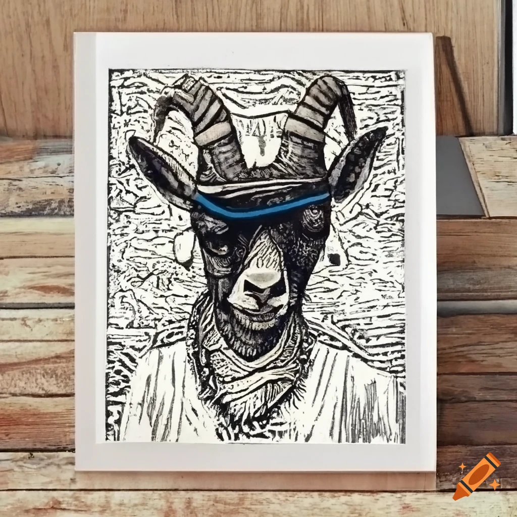 Pirate goat with eyepatch in a linocut etching print on Craiyon