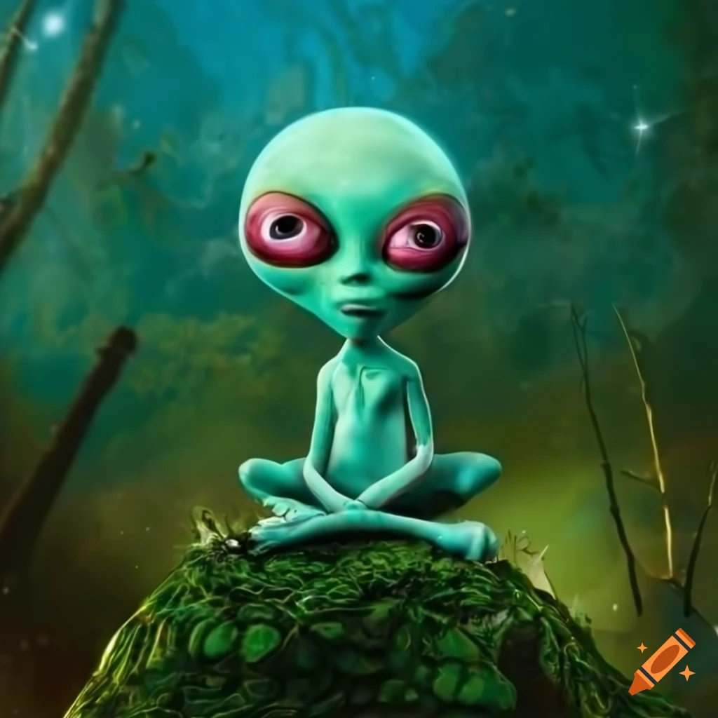 Playful alien character sitting on a planet with strange flora on Craiyon