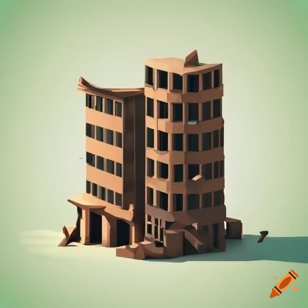 Isometric view of a low poly war-torn building on Craiyon