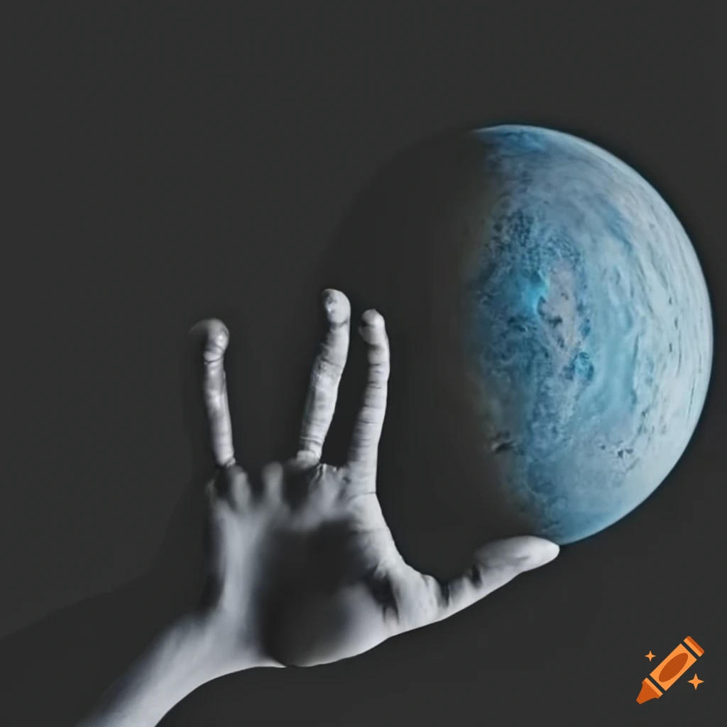 Stone sphere in planetary space with alien hand raising supernatural ...