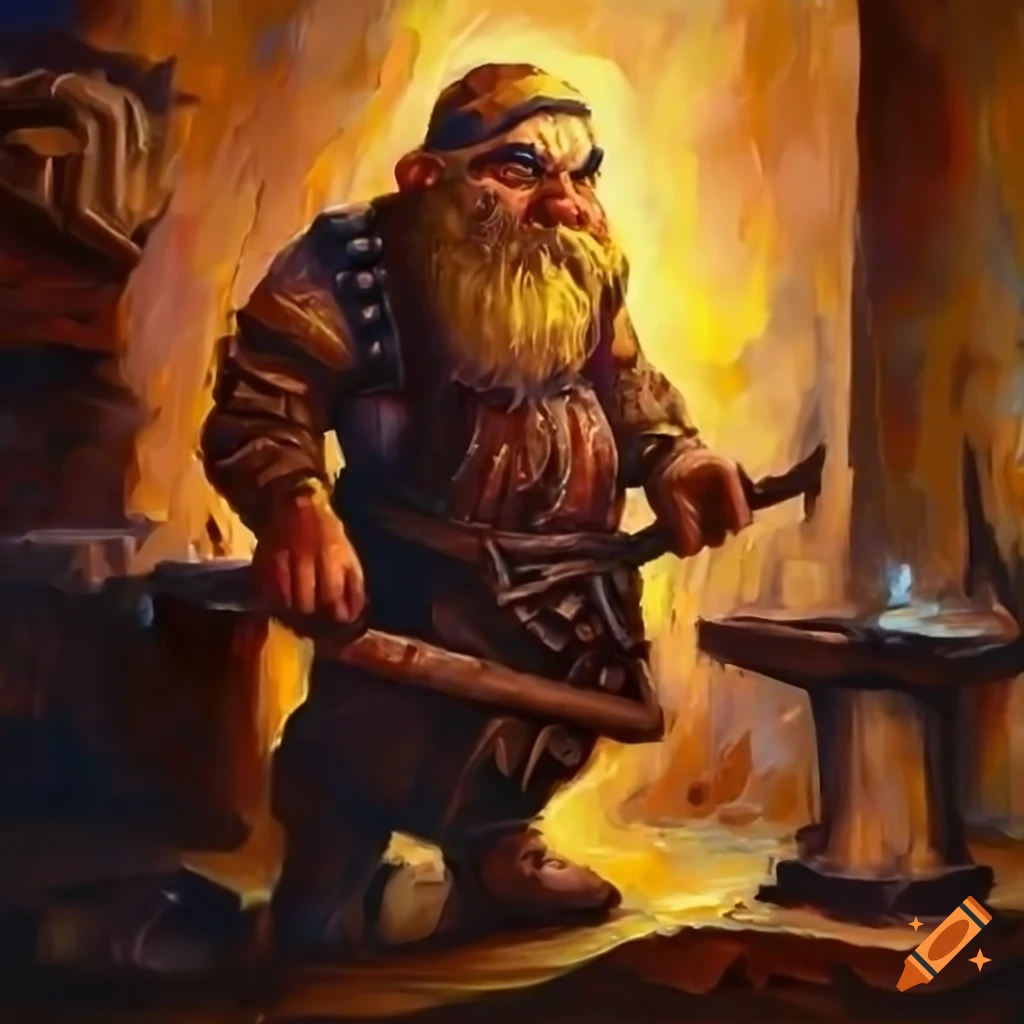 Dwarf blacksmith working at the forge on Craiyon
