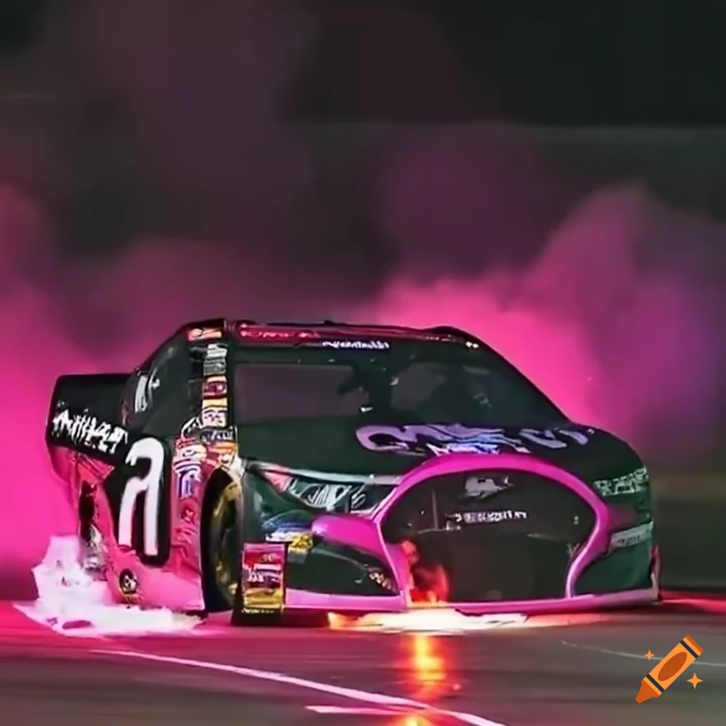 Front end of black NASCAR with pink flames and number at night on Craiyon