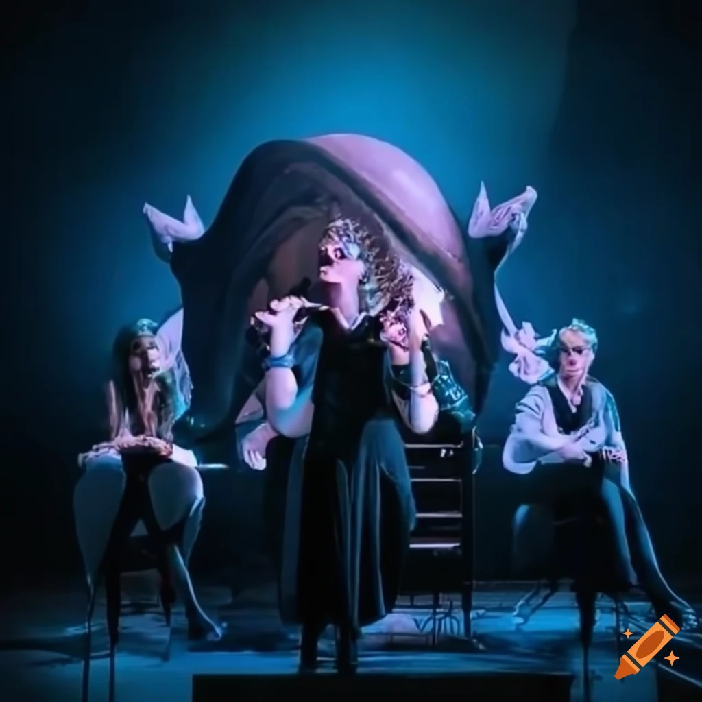 Diverse lively mythical creatures singing acapella at a university ...