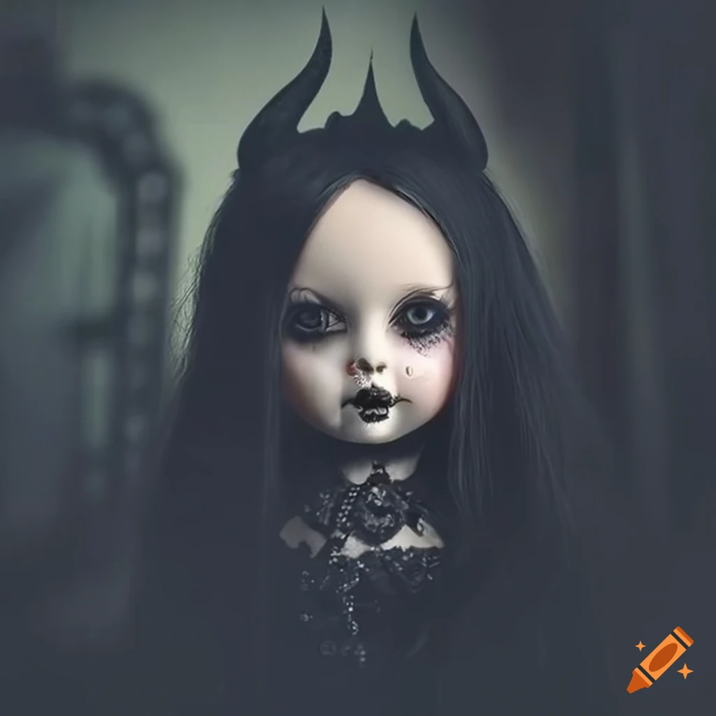 Cute gothic vintage demon doll playing in front of a black mirror on ...