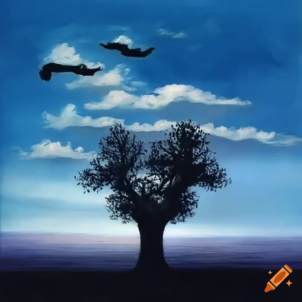 Rene Magritte's artwork of flying horse trees with twisting branches on ...