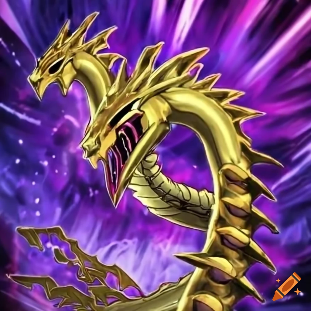 Golden 5-headed hydra with purple flames in yugioh card style on Craiyon