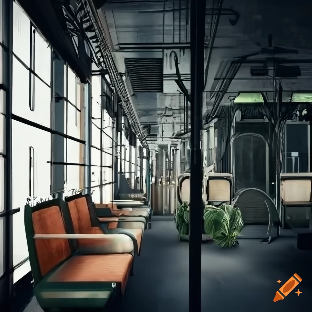 Modern industrial transit lounge with holiday destination posters and ...