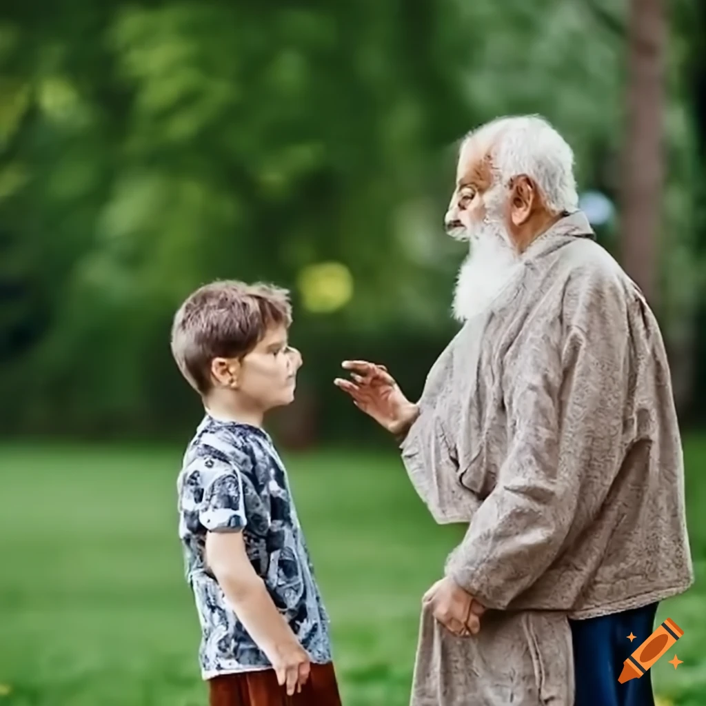 Wise old man scolding boy in the park on Craiyon