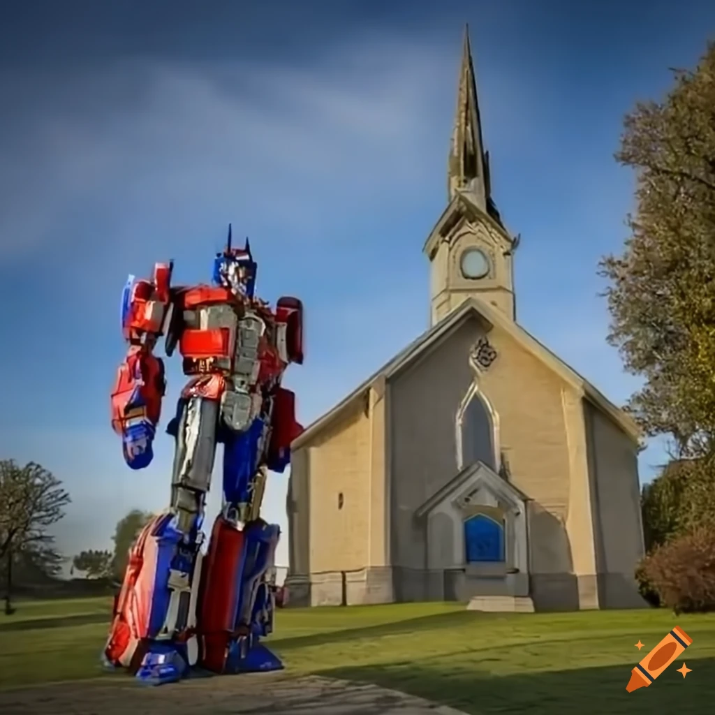 Optimus prime standing next to a church with a cross on Craiyon