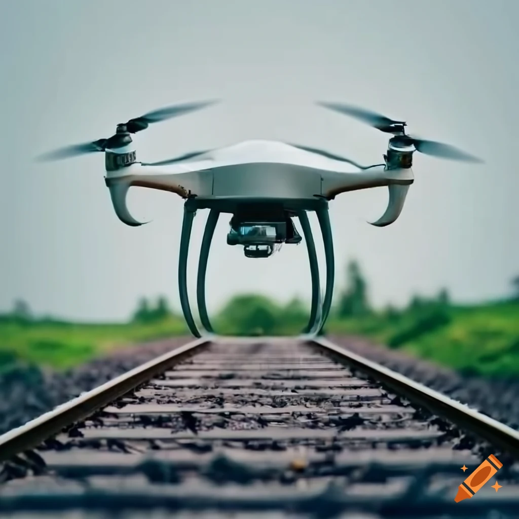 Octocopter drone hovering above train tracks during aerial inspection on Craiyon