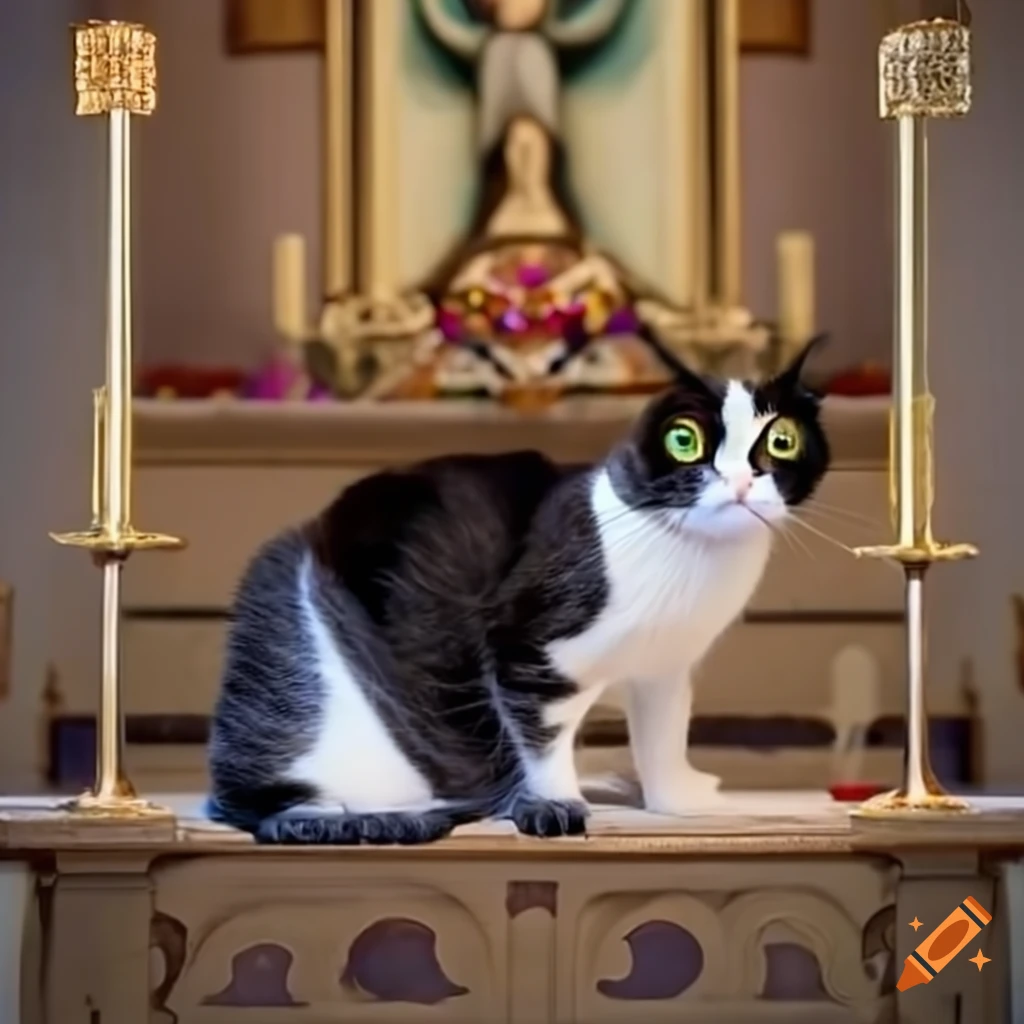 Tuxedo cat lounging on a catholic altar on Craiyon