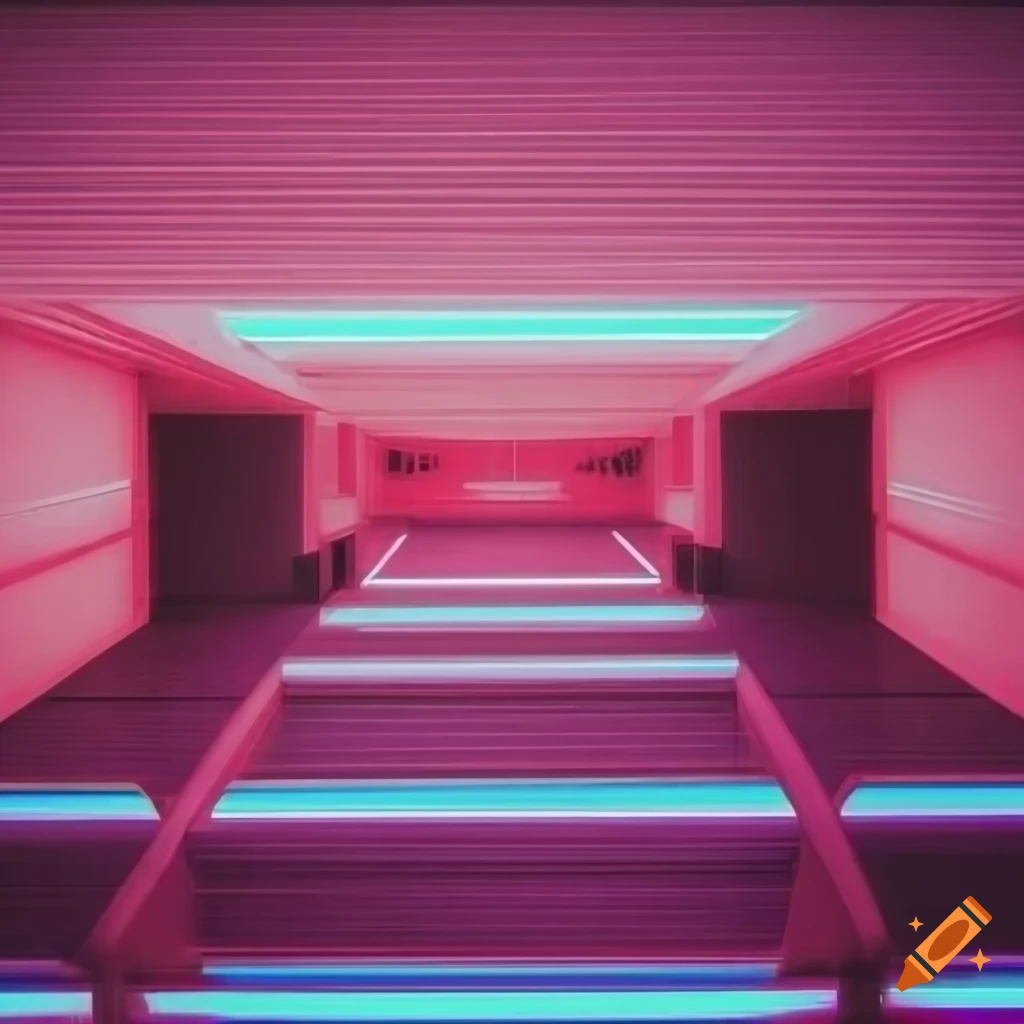 Vaporwave 80s office with pink neon lights in a mall setting on Craiyon