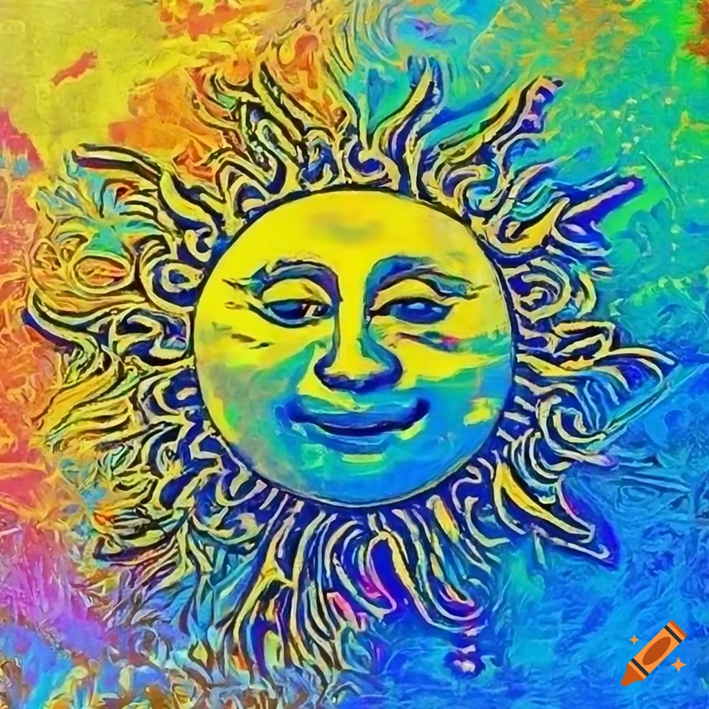 Smiling sun with iridescent colors in pop art style on Craiyon