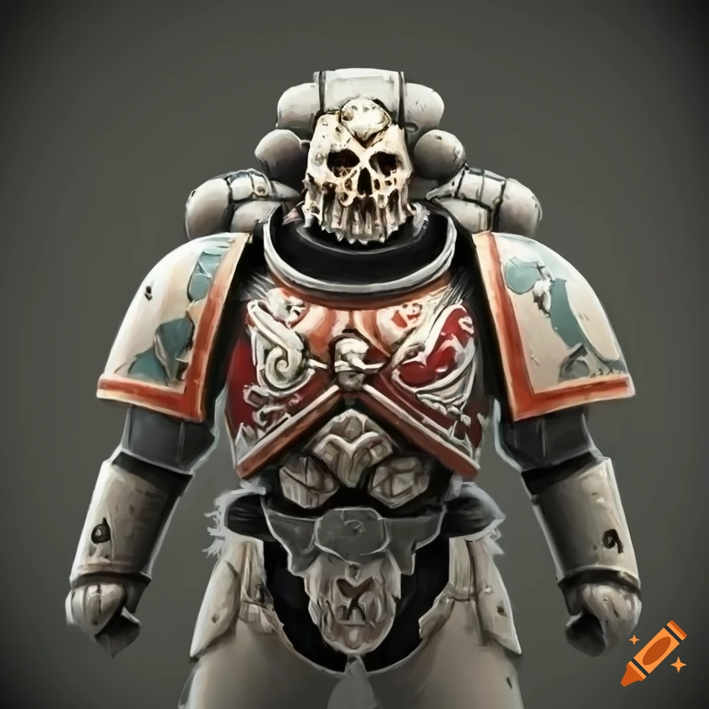 Powerful space marine in skull-themed armor with letter m on chest on ...