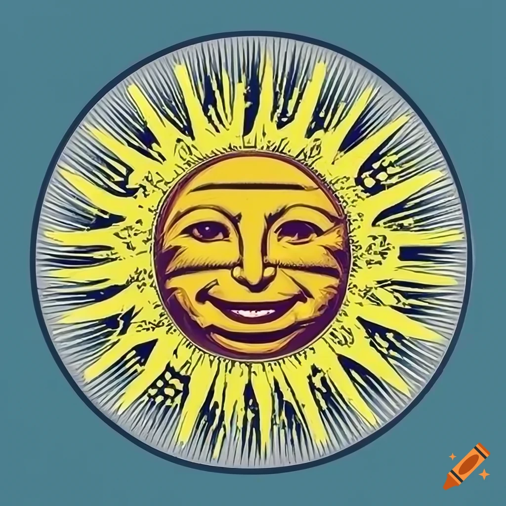Classical smiling sun with rays in circle sticker art on Craiyon
