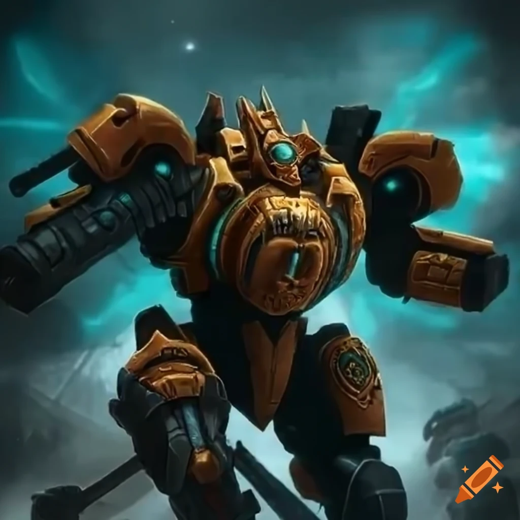 Alien battlesuit tau in highspeed chase from warhammer on Craiyon