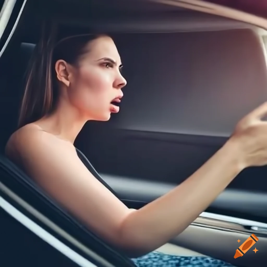 Confused woman pointing out of car window on Craiyon