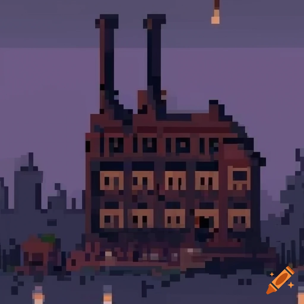 Pixel art of an old-fashioned 1870 factory with a dark color palette on ...