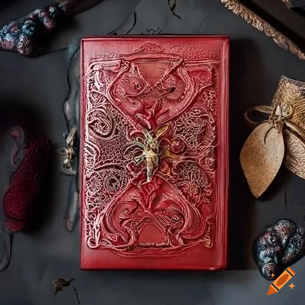 Decorated red tome with magical symbols and fictional creature ...