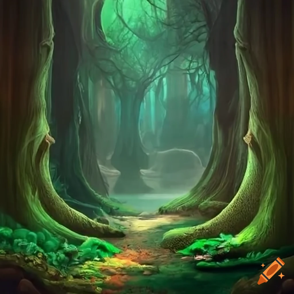 Enchanting forest scene inspired by alice in wonderland on Craiyon