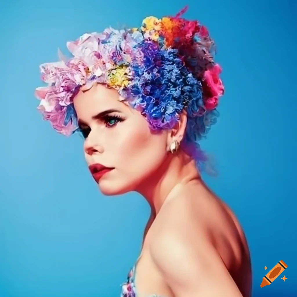 Stylish woman with colorful clothing and floral blue hat on Craiyon