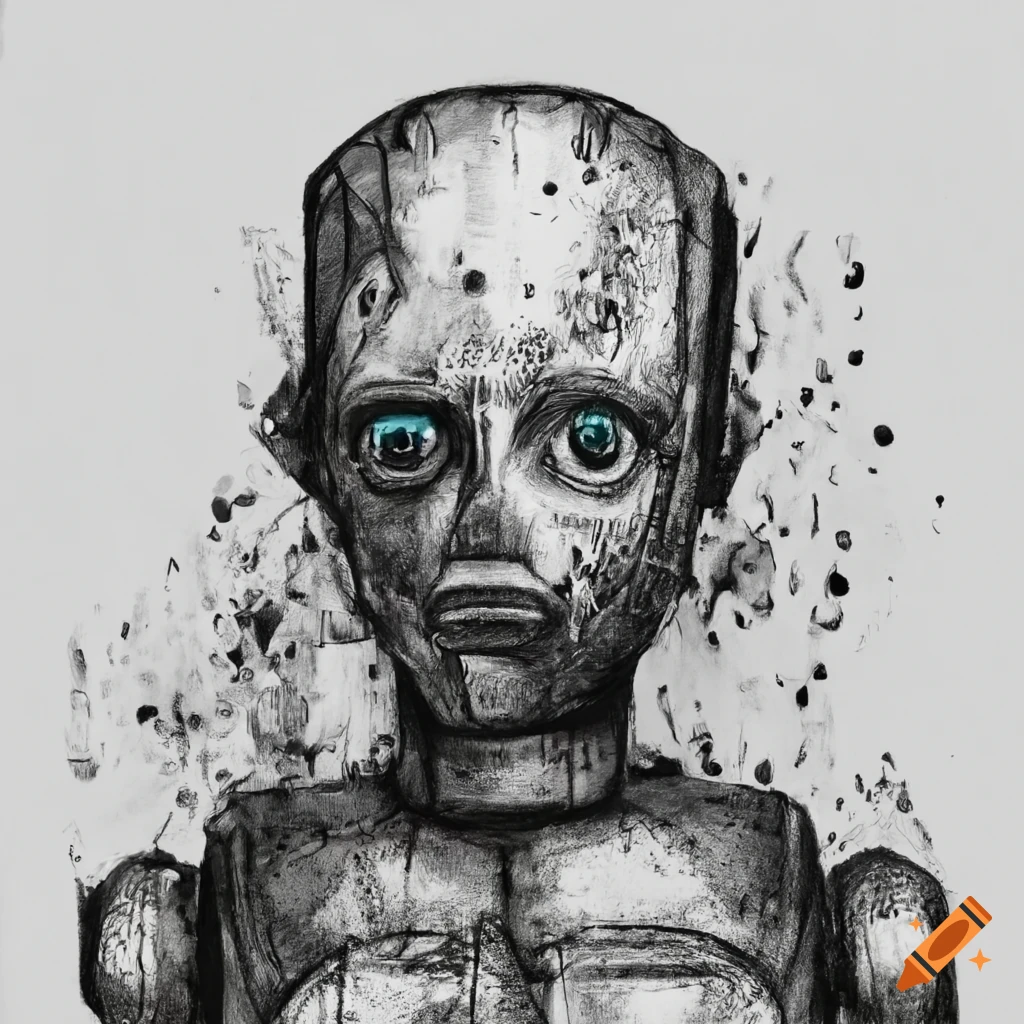 Dysfunctional dystopian robot in charcoal on white background on Craiyon