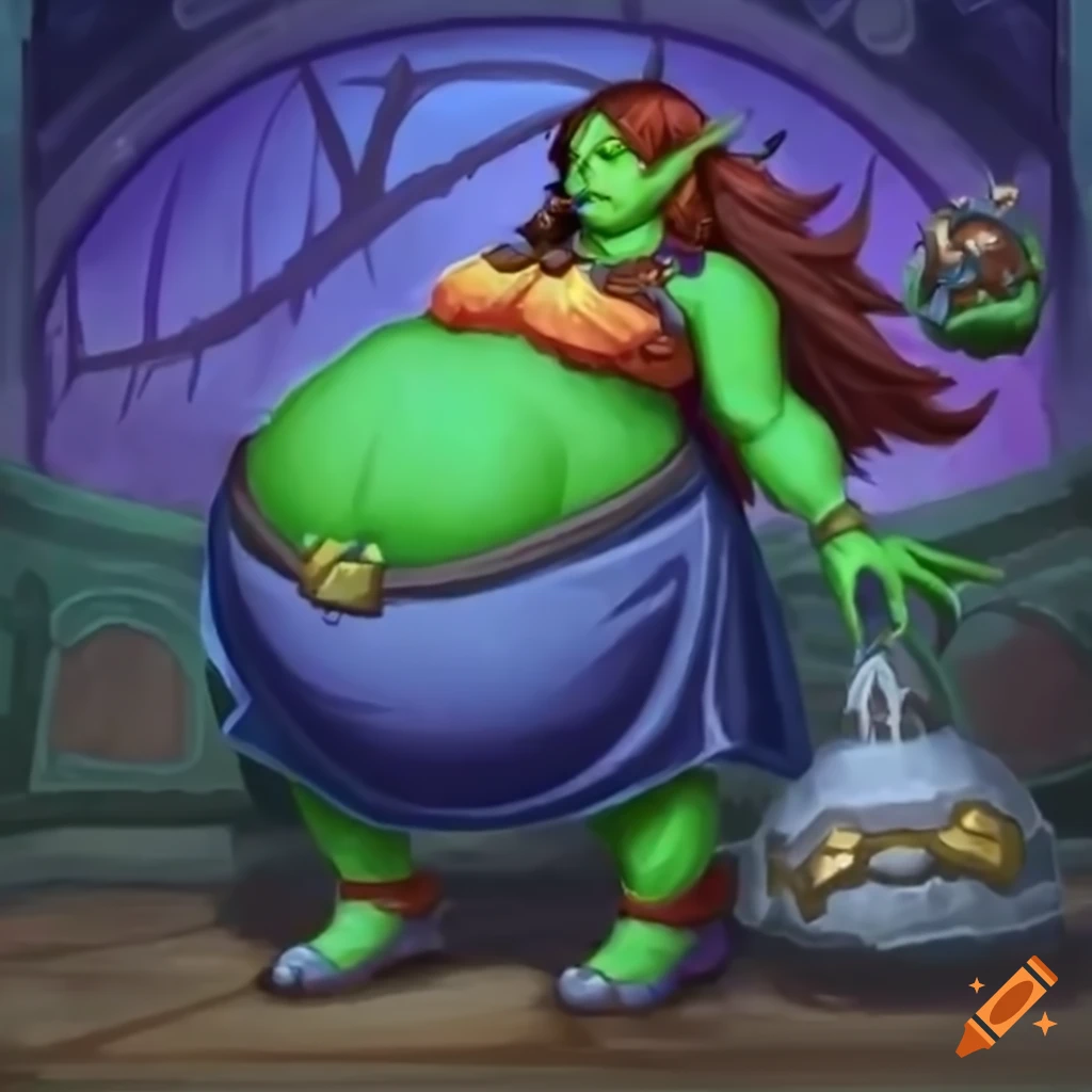 Pregnant goblin girl patting her inflated belly in hearthstone art on Craiyon
