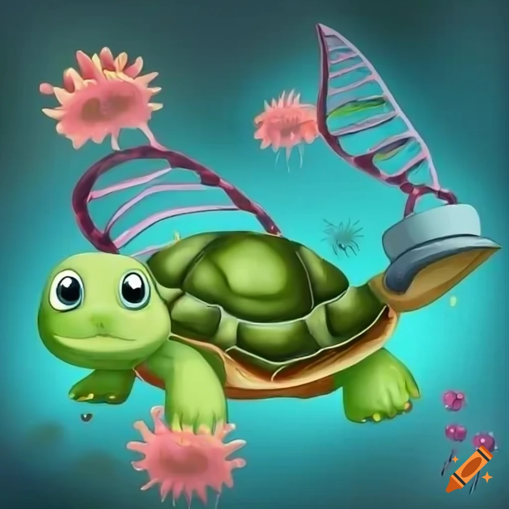 Cartoon turtle using a microscope surrounded by flowers, cells, and dna ...
