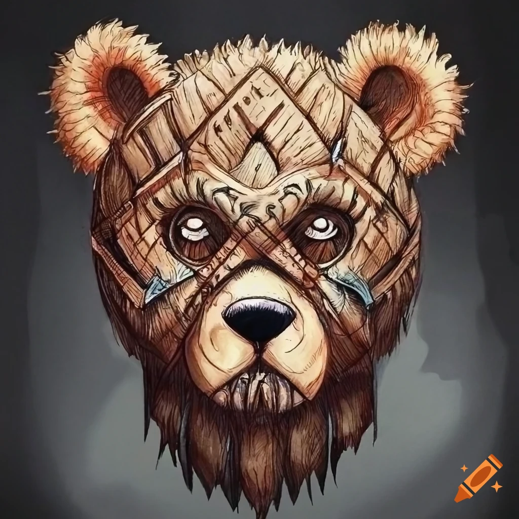 Handcrafted teddy bear wooden jungle warrior mask portrait in ultra ...