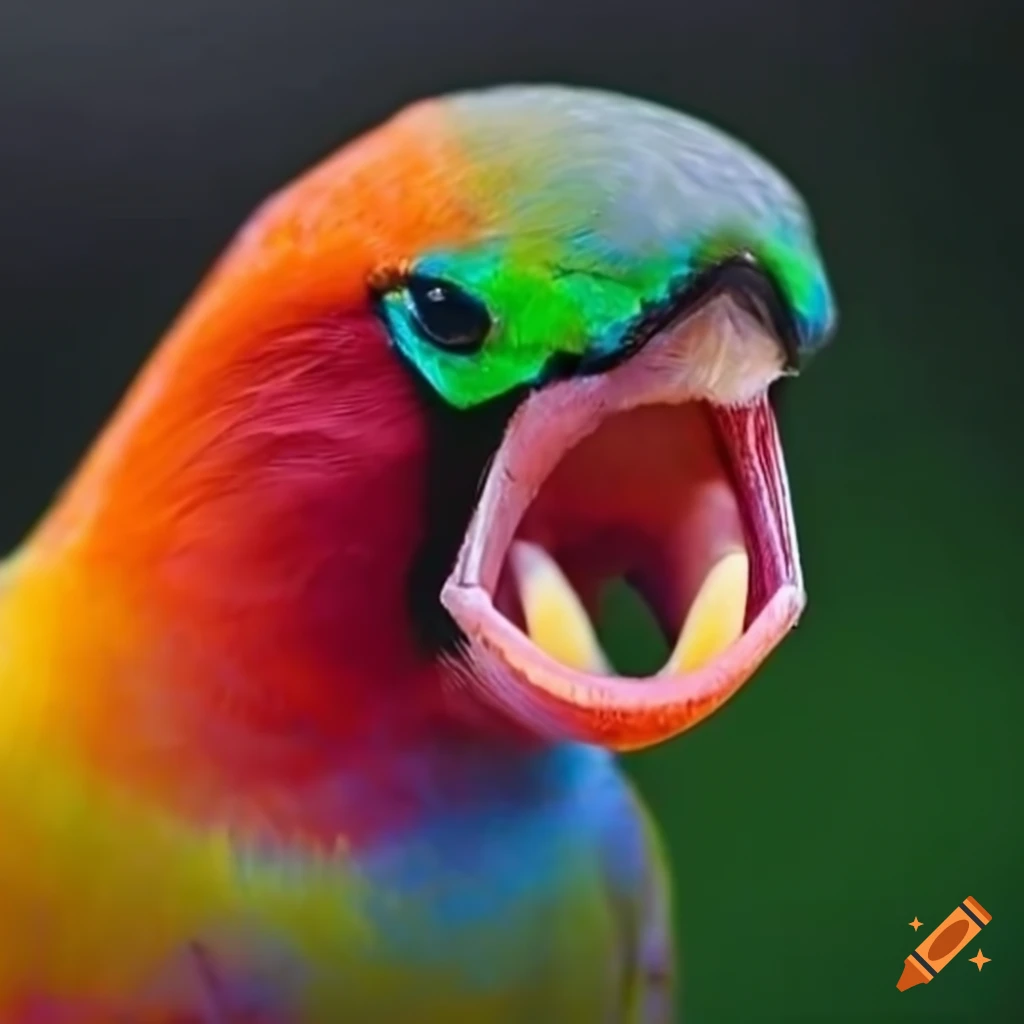 Colorful bird with sharp teeth in cave habitat on Craiyon