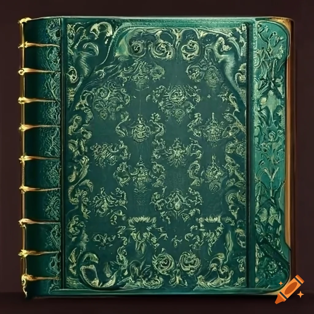 Detailed green and black leather bound book with golden filigree on Craiyon